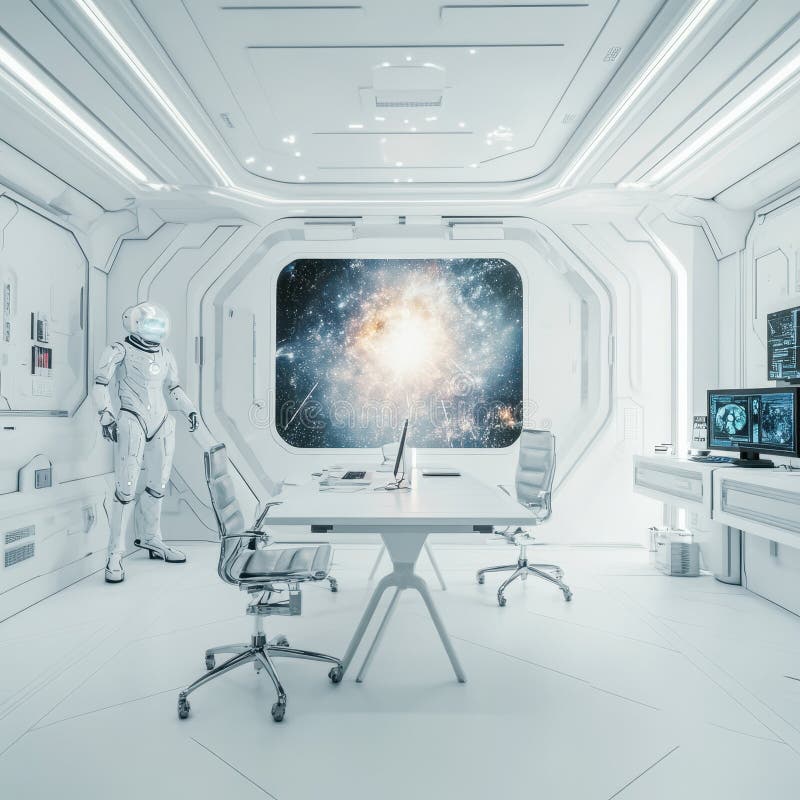 Futuristic Space Station Interior with Astronaut and Galaxy View Stock ...