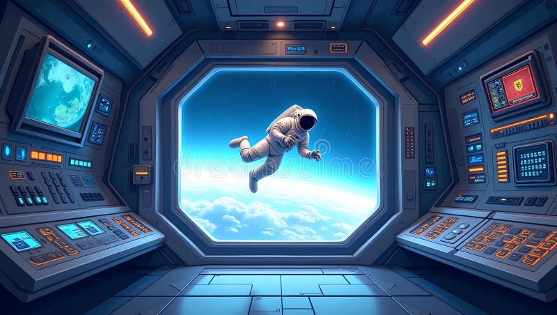 Futuristic Space Station Interior Astronauts Floating Hitech Control ...