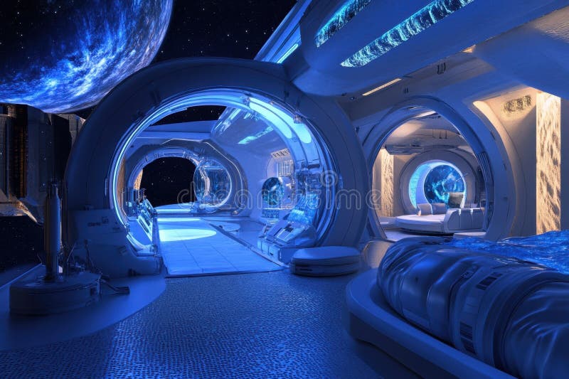 Futuristic Space Station Interior with Blue Lighting and Panoramic ...