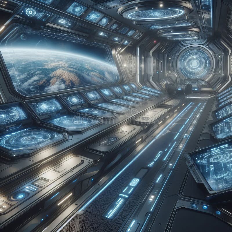 Futuristic Space Station Interior with Digital Interfaces and Earth ...