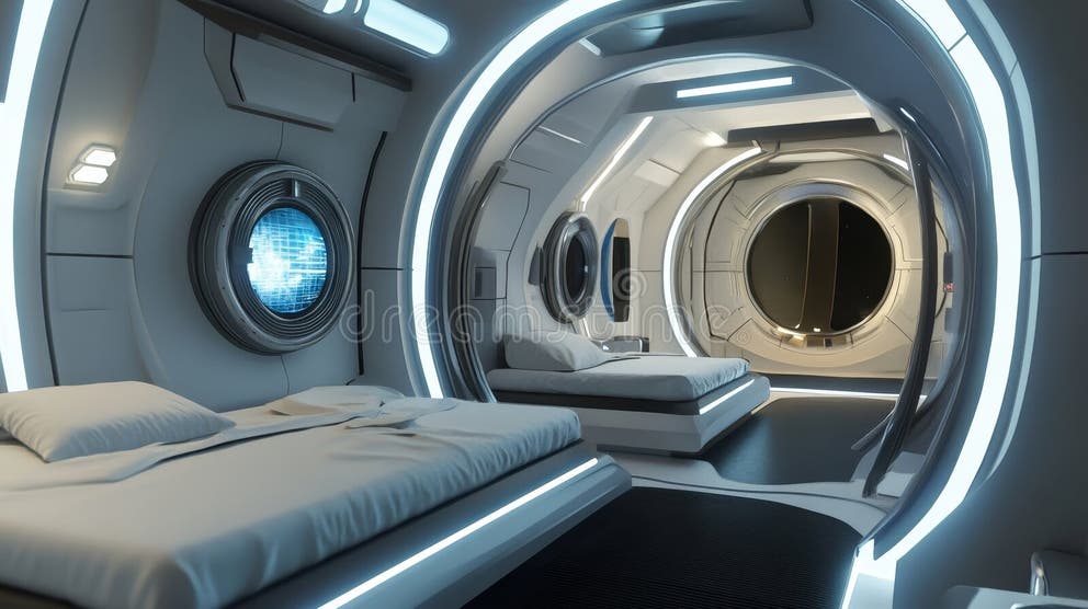 Futuristic Space Station Interior Featuring Modern Sleeping Pods and ...