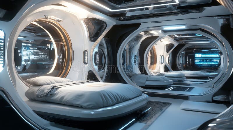 Futuristic Space Station Interior Featuring Modern Sleeping Pods and ...