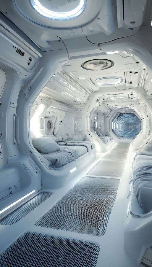 Futuristic Space Station Interior Featuring Sleek Sleeping Pods and ...