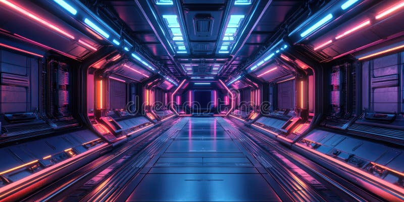 Futuristic Space Station Interior, Metallic Details, Neon Lighting ...