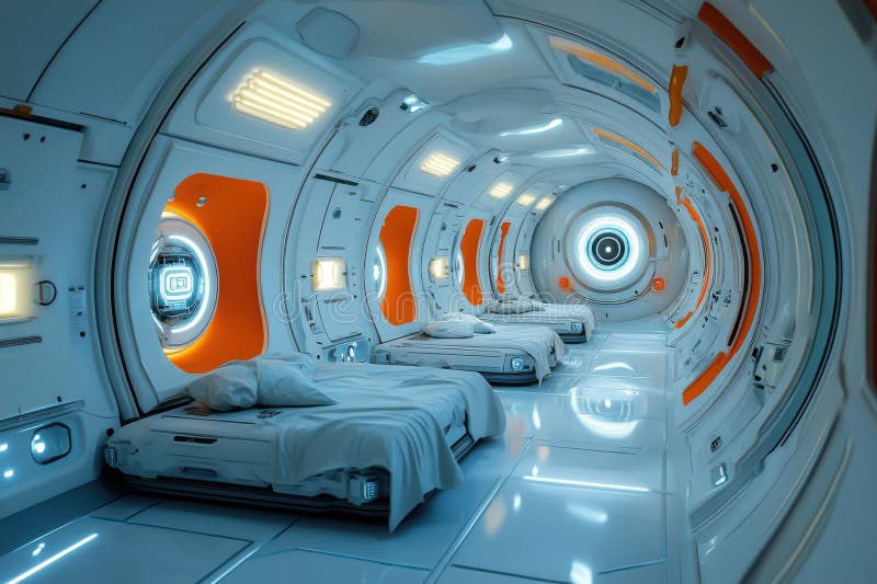 Futuristic Space Station Interior with Modern Sleeping Pods and High ...