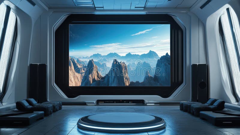 Futuristic Space Station Interior with Mountainous Landscape Display in ...