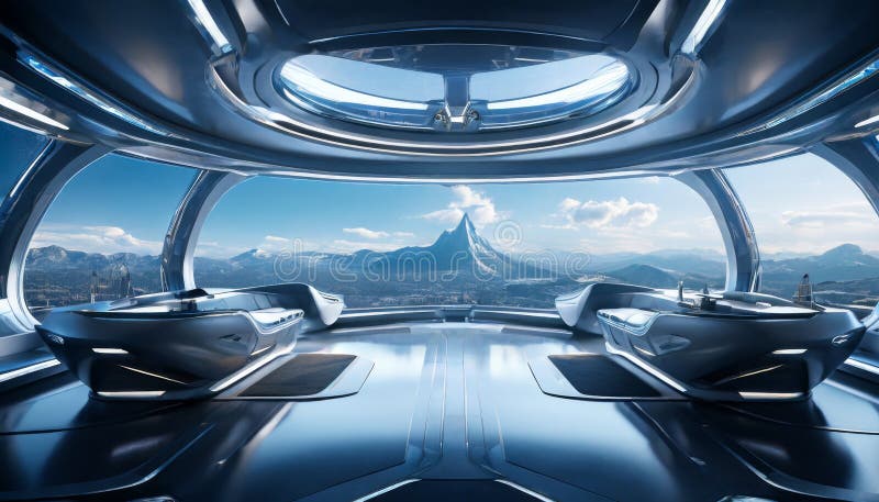 Futuristic Space Station Interior with Panoramic Mountain View Stock ...