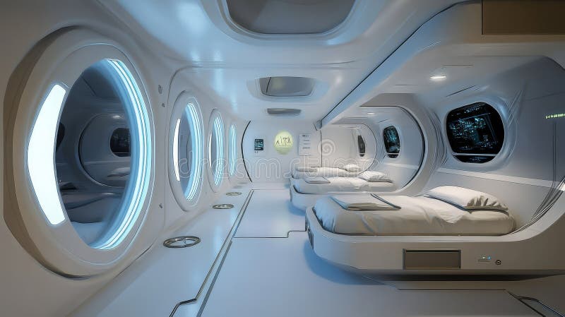 Futuristic Space Station Interior Showcasing High Tech Sleeping Pods ...