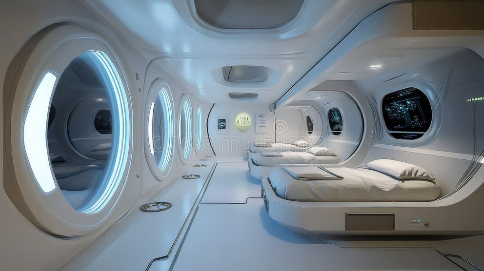 Futuristic Space Station Interior Showcasing High Tech Sleeping Pods ...