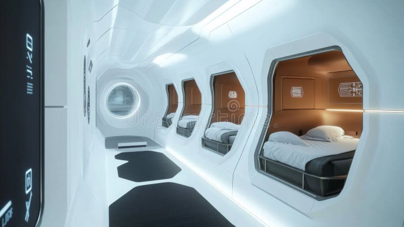 Futuristic Space Station Interior Showcasing Sleek Sleeping Pods and ...