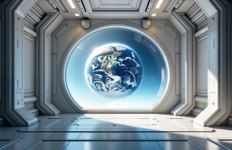Futuristic Space Station Interior Shows Large Window with Earth View ...