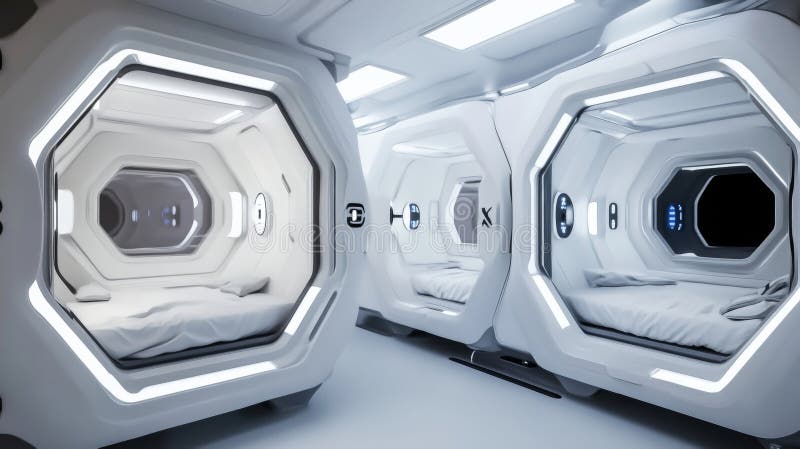 Futuristic Space Station Interior with Sleek Design, High Tech Sleeping ...
