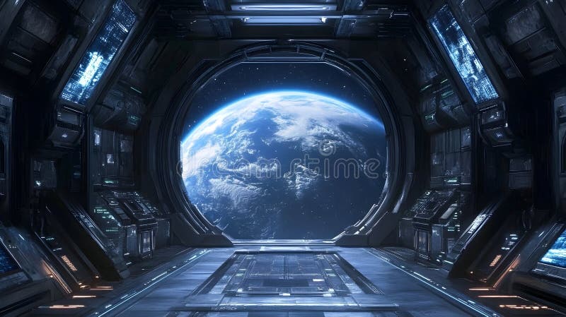 Futuristic Space Station Interior with View of Earth through Large ...