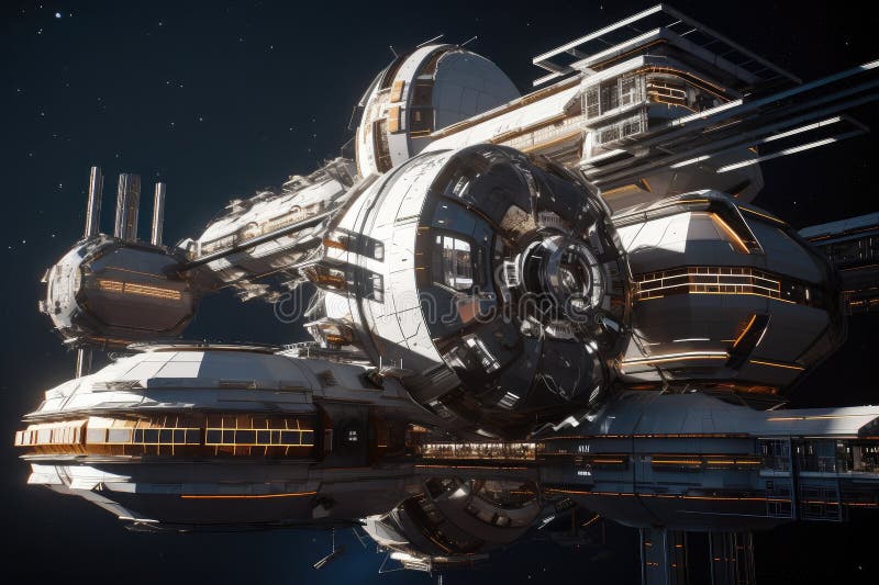 A Futuristic Space Station, with Metallic Structures and Clean Lines ...