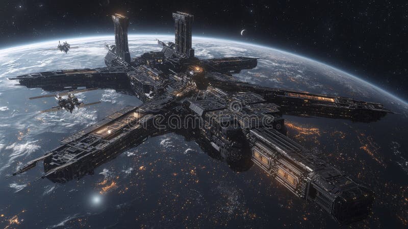 Futuristic Space Station Metropolis Orbiting Earth Digital Artwork Sci ...