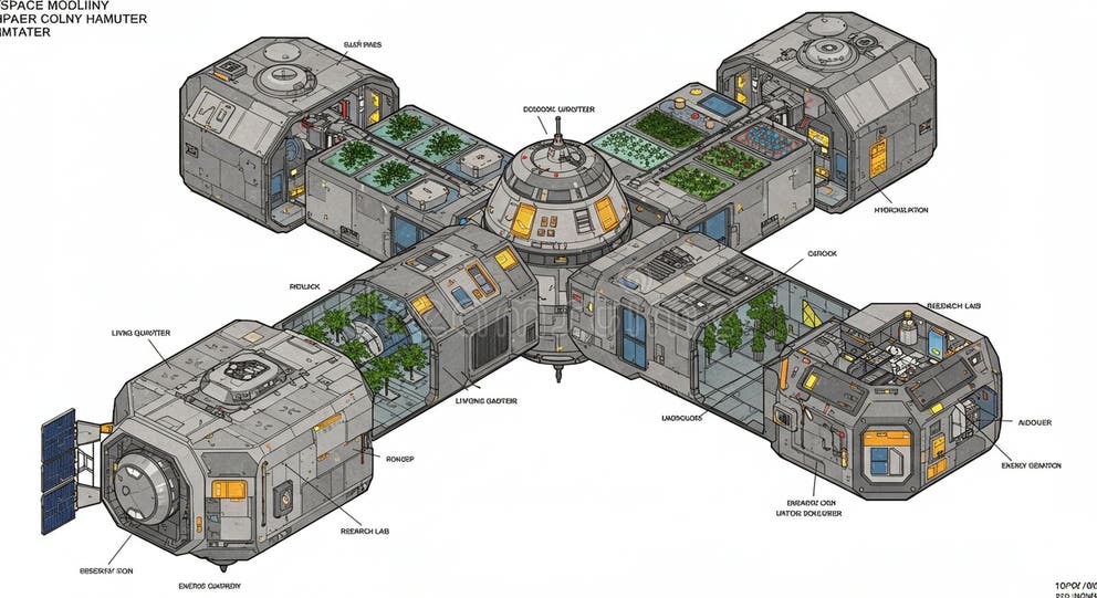 Futuristic Space Station with Modular Design, Featuring Rectangular and Cylindrical Stock ...