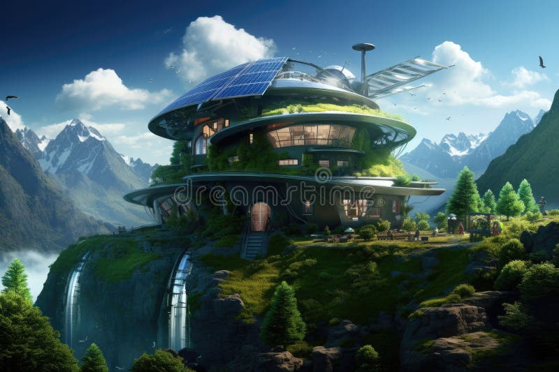 Futuristic Space Station in the Mountains. 3D Rendering, Eco ...