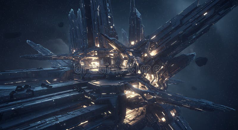 Futuristic Space Station Orbiting in Dark Space with Asteroids Stock ...