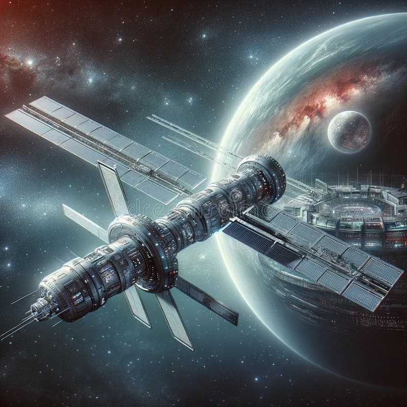 Futuristic Space Station Orbiting a Distant Planet Stock Illustration ...