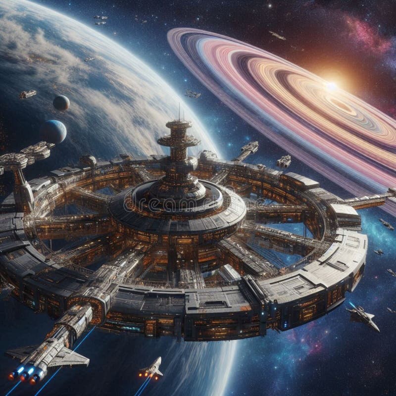 Futuristic Space Station Orbiting a Distant Planet Stock Illustration ...