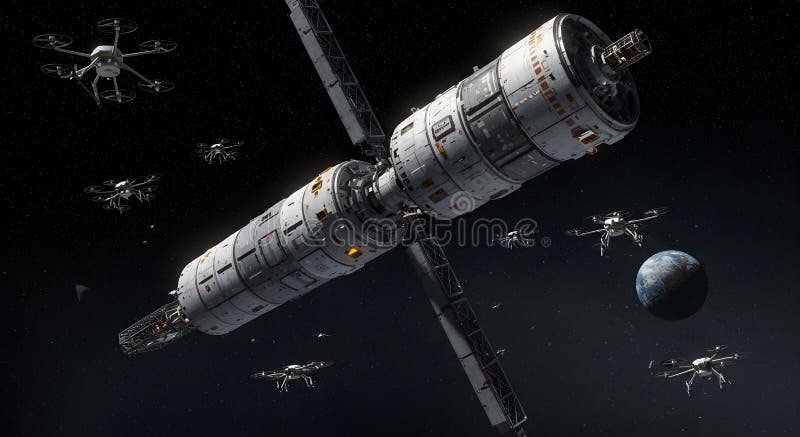 Space Station & Drones stock image. Image of exploration - 370918555