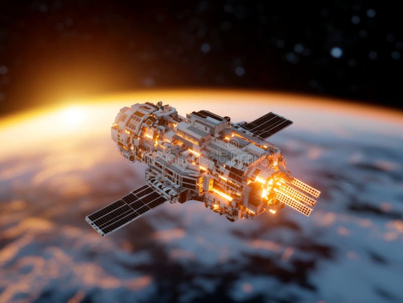 Futuristic Space Station Orbiting Earth Glowing Energy Lights High Tech ...