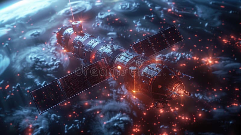 Futuristic Space Station Orbiting Earth with Glowing Red and Blue ...