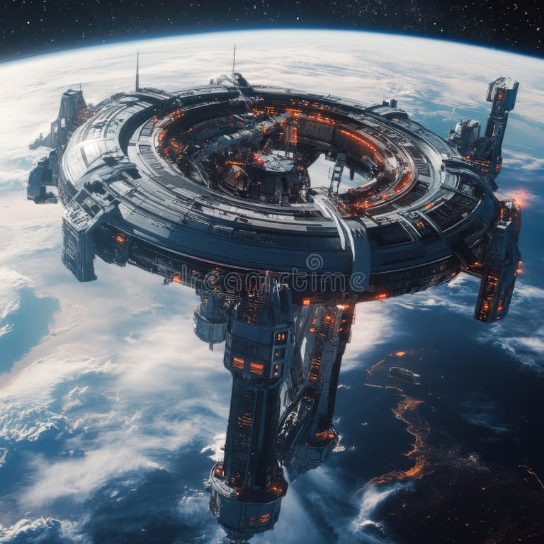 Futuristic Space Station Orbiting Earth with Illuminated Structures ...