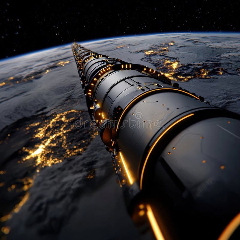 Futuristic Space Station Orbiting Earth with Illuminated Structures and ...