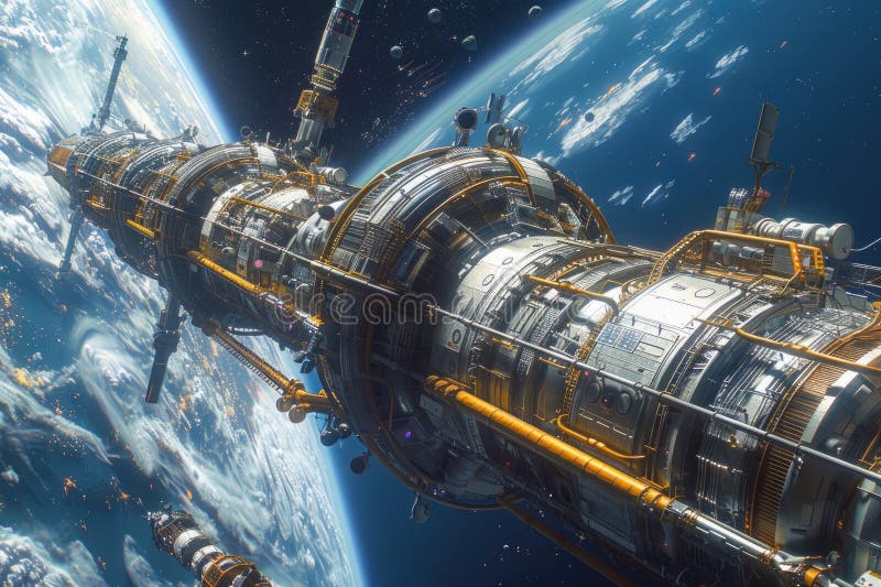 Futuristic Space Station Orbiting Earth with Intricate Structural ...