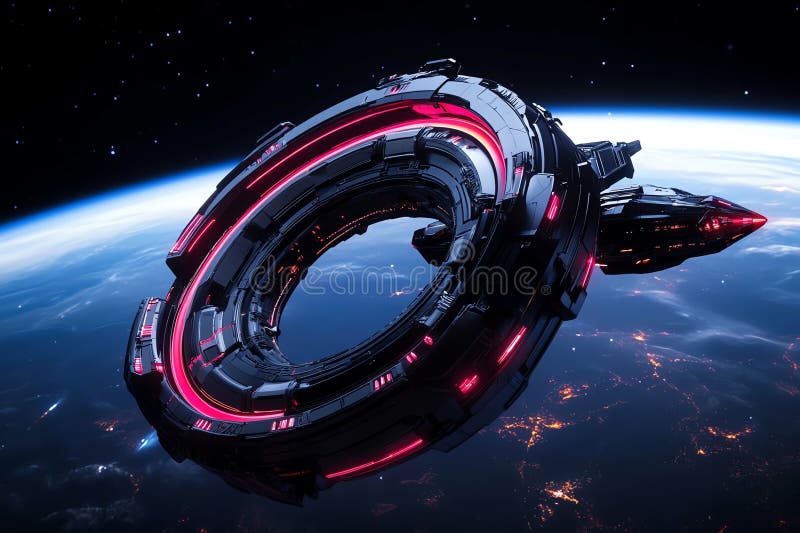 Futuristic Space Station Orbiting Earth with Neon Lights, Showcasing ...