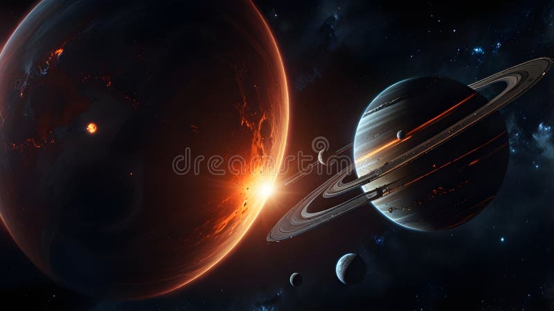 Futuristic Space Station Orbiting a Gas Giant Planet with Rings Stock ...