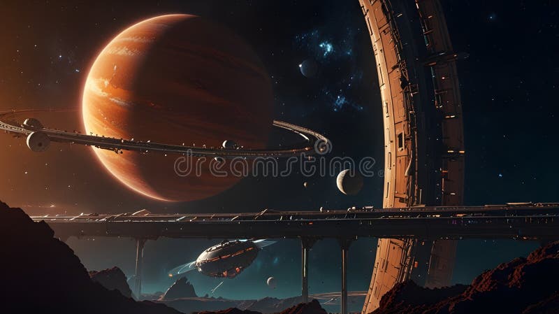 Futuristic Space Station Orbiting a Gas Giant Planet with Rings Stock ...