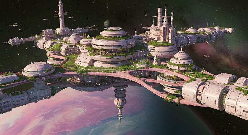 Futuristic Space Station Orbiting a Planet, Featuring Interconnected ...