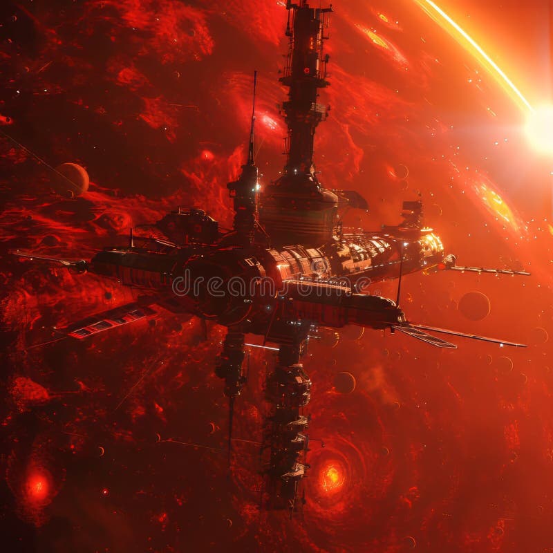 A Futuristic Space Station Orbiting a Red Giant Star Stock Illustration ...