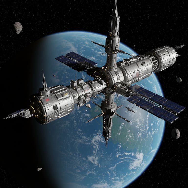 A Futuristic Space Station Orbits Earth, Featuring Cylindrical Modules ...