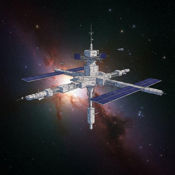 A Futuristic Space Station Orbits in Space, Surrounded by a Starry ...