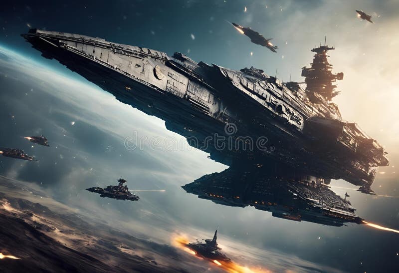 A Futuristic Space Station with Rockets Flying by it and the Earth in ...