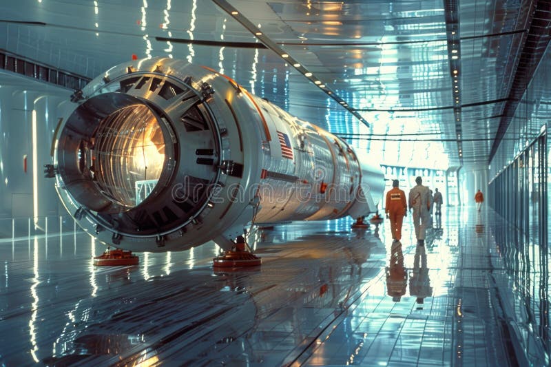 Futuristic Space Station with Scientists Examining High-Tech Rocket ...