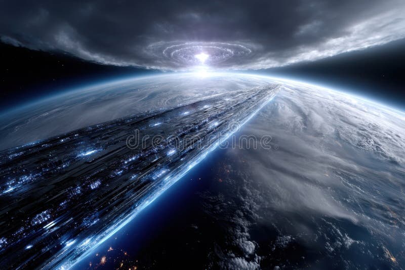 Futuristic Space Structure Hovering Above Earth during a Dramatic ...