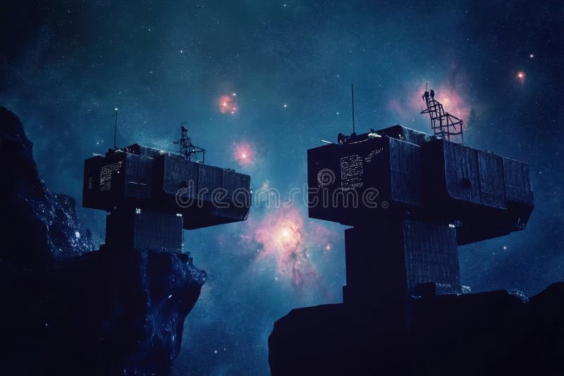 Futuristic Space Structures Illuminated Under Night Sky with Distant ...