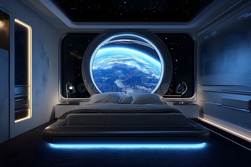 Futuristic Space-themed Bedroom with Earth View from Large Window at ...