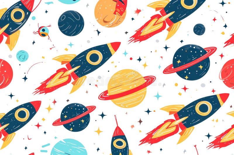 Futuristic and Space-themed Design with Rocket Ships and Planets Stock ...