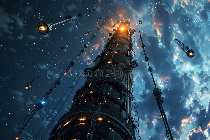 Futuristic Space Tower and Aerial Connectors in a Starry Night Sky ...