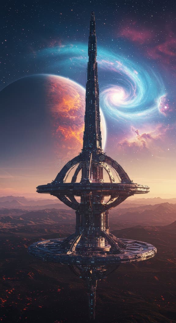 Futuristic Space Tower Against Cosmic Backdrop with Distant Planet and ...