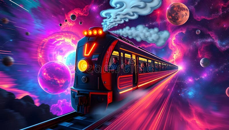Futuristic Space Train Traveling through a Neon Galaxy – Sci-Fi Adventure Concept. Stock ...