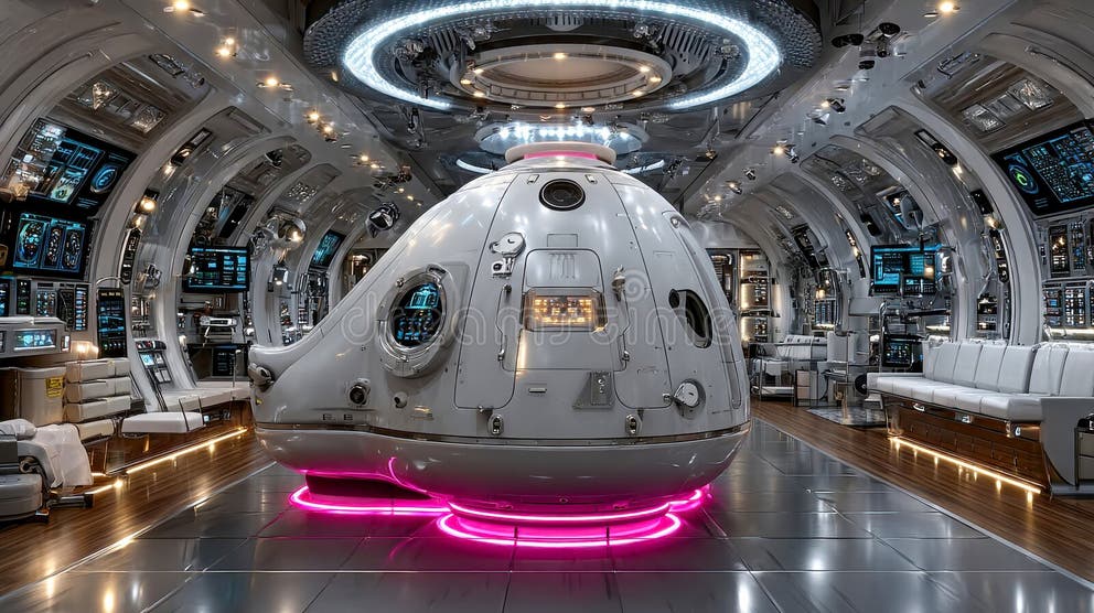 Futuristic Spacecraft Capsule Inside a High-tech Control Room with Neon ...