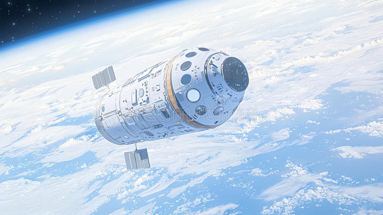 A Futuristic Spacecraft or Capsule Orbits the Earth, Showcasing Advanced Design and Engineering ...
