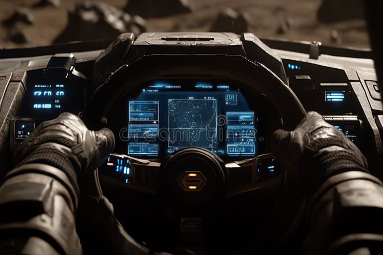 Futuristic Spacecraft Cockpit with Advanced Consoles and Gloved Hands ...