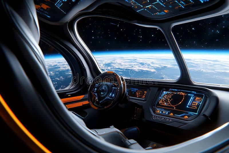 Futuristic Spacecraft Cockpit with Earth View. High-tech Controls and ...